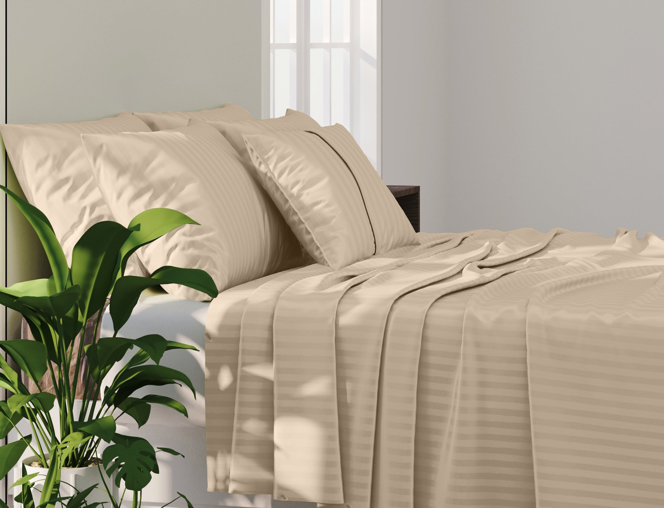 Simple Living - 210TC Satin Stripe Bedsheet Set(Beige) – LABHAM